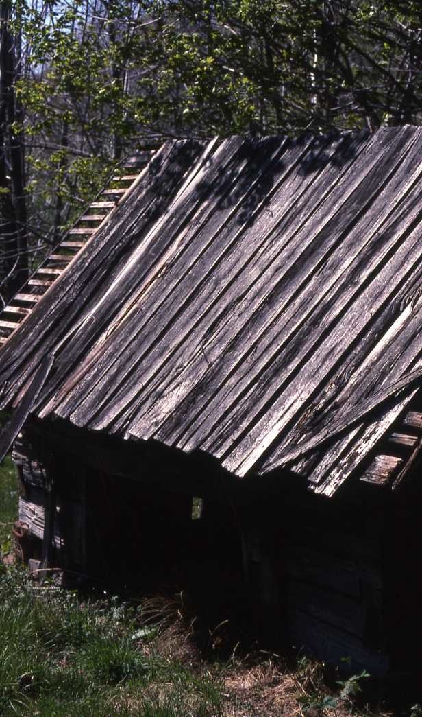 Board roof on log hog house Betler Farm Helvetia – Augusta